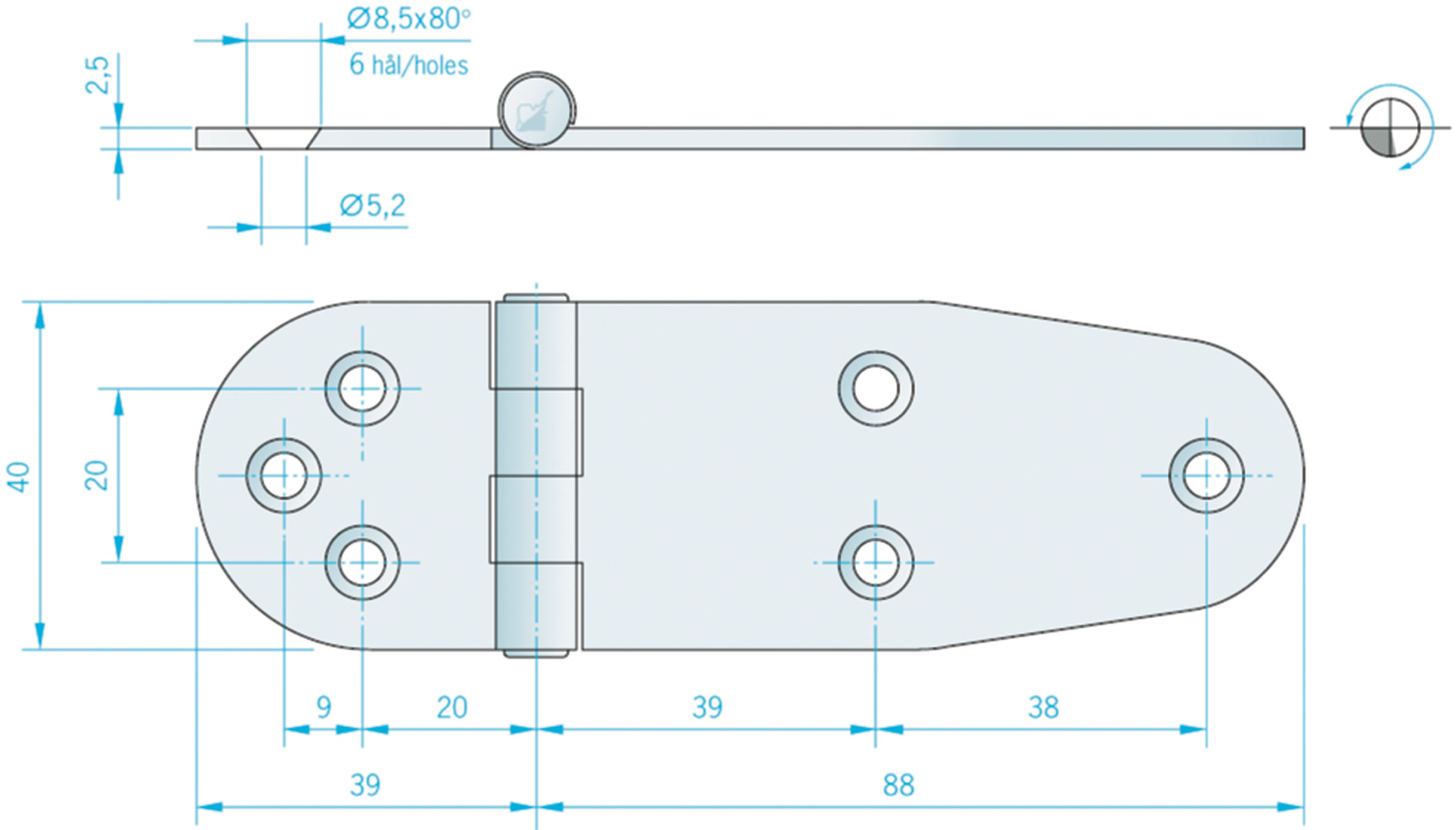 Hengsel 127x40 mm i rustfritt stål | Watski.no